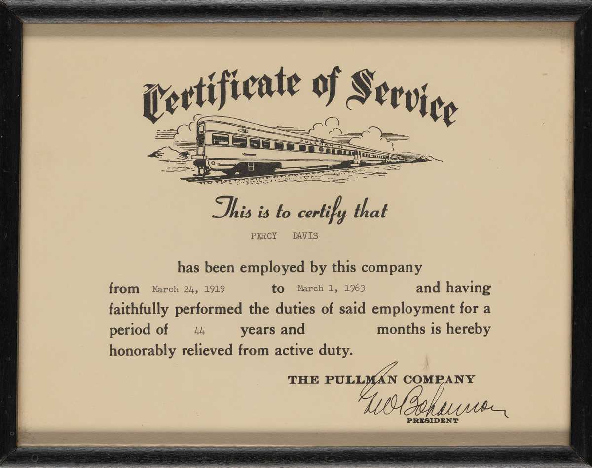 Certificate of service given to Percy Davis by the Pullman Company